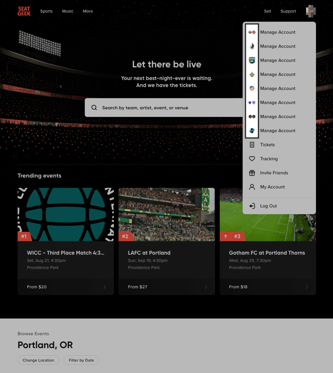 SeatGeek site and app: Images and media assets for online pages
